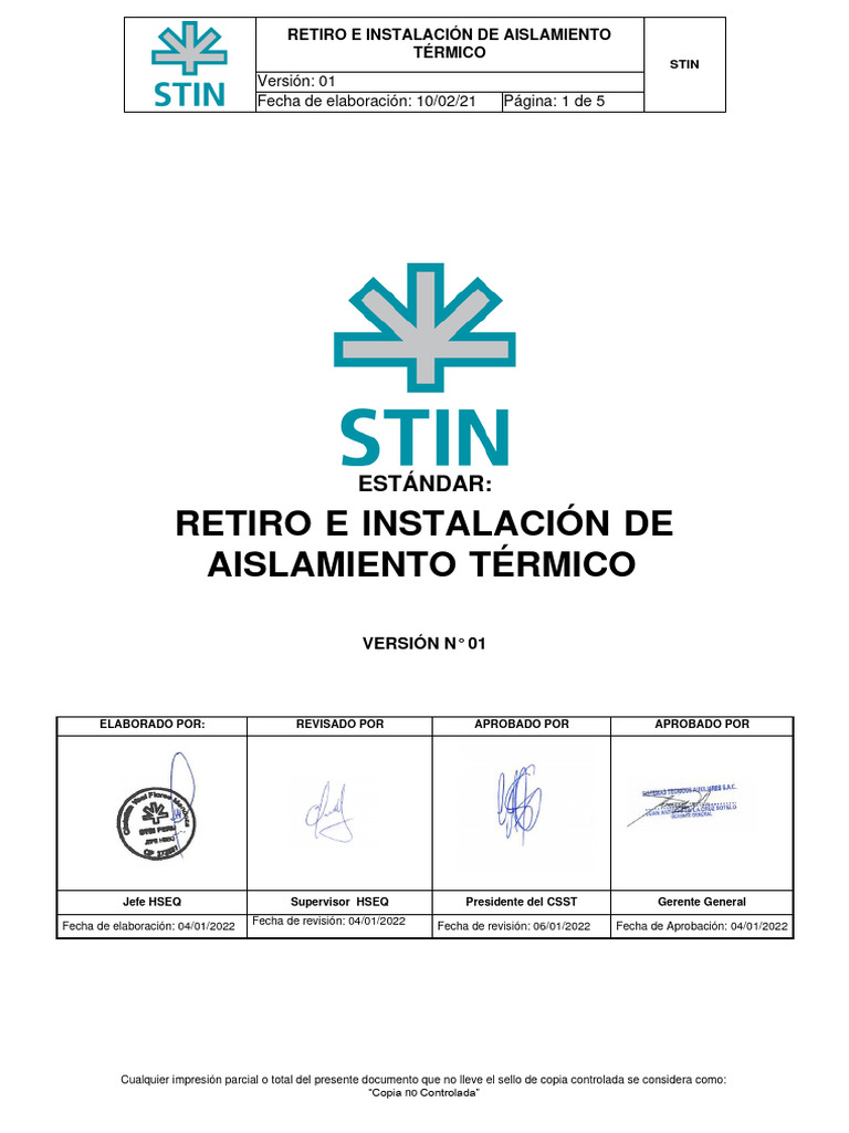 Procedimiento STIN - Retiro e Instalación de Aislamiento Térmico | PDF | Aislamiento térmico ...