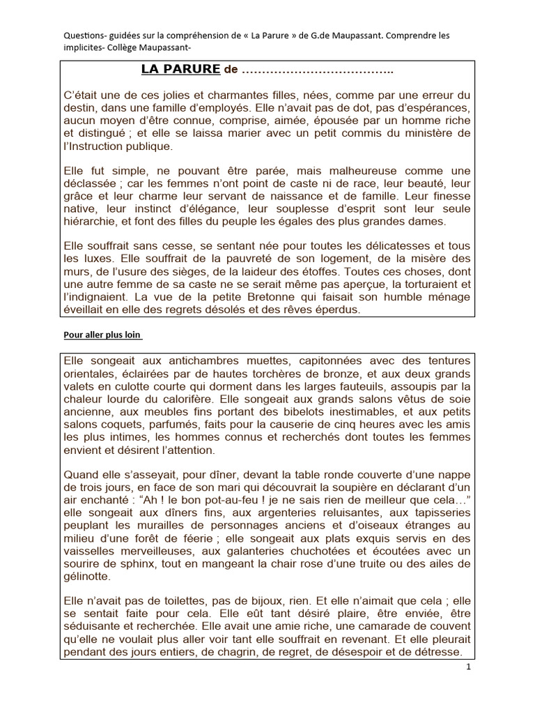 Questionnaire 1 La Parure | PDF | Guy de Maupassant
