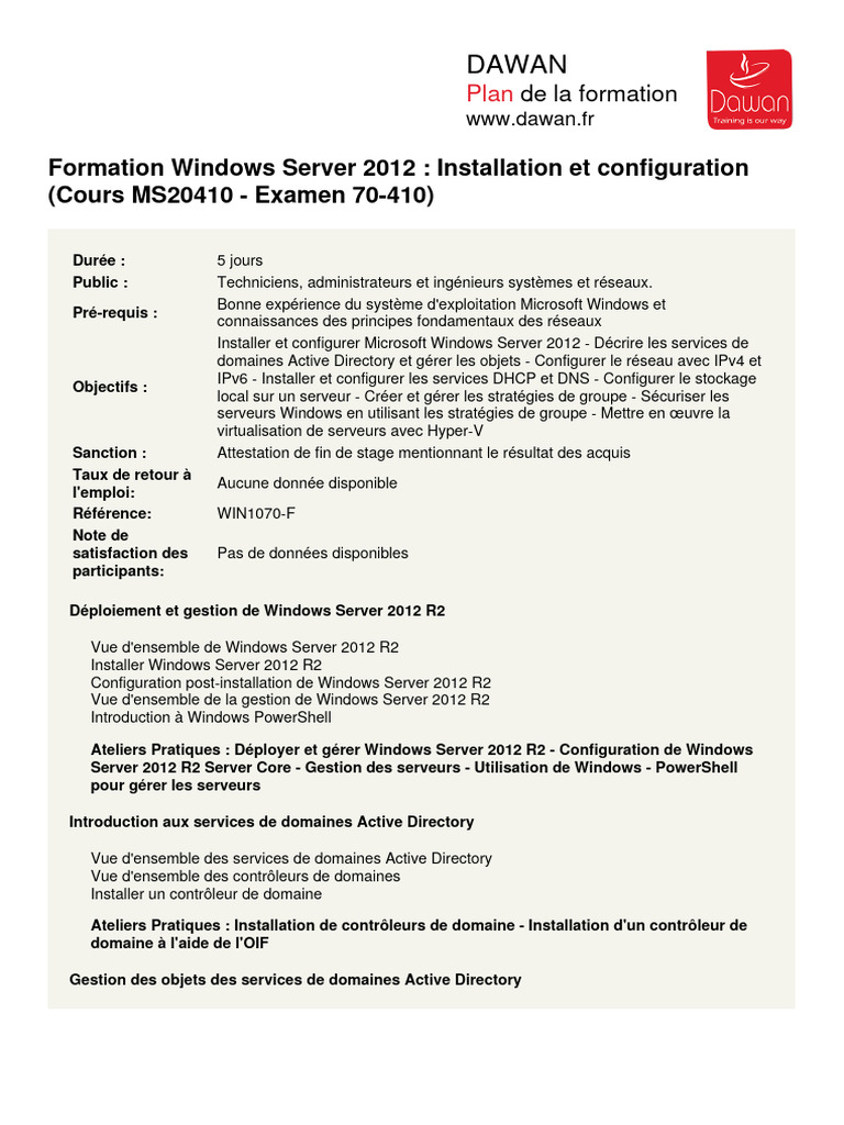 Windows Server 2012 Installation Et Configuration (Cours MS20410 Examen ...