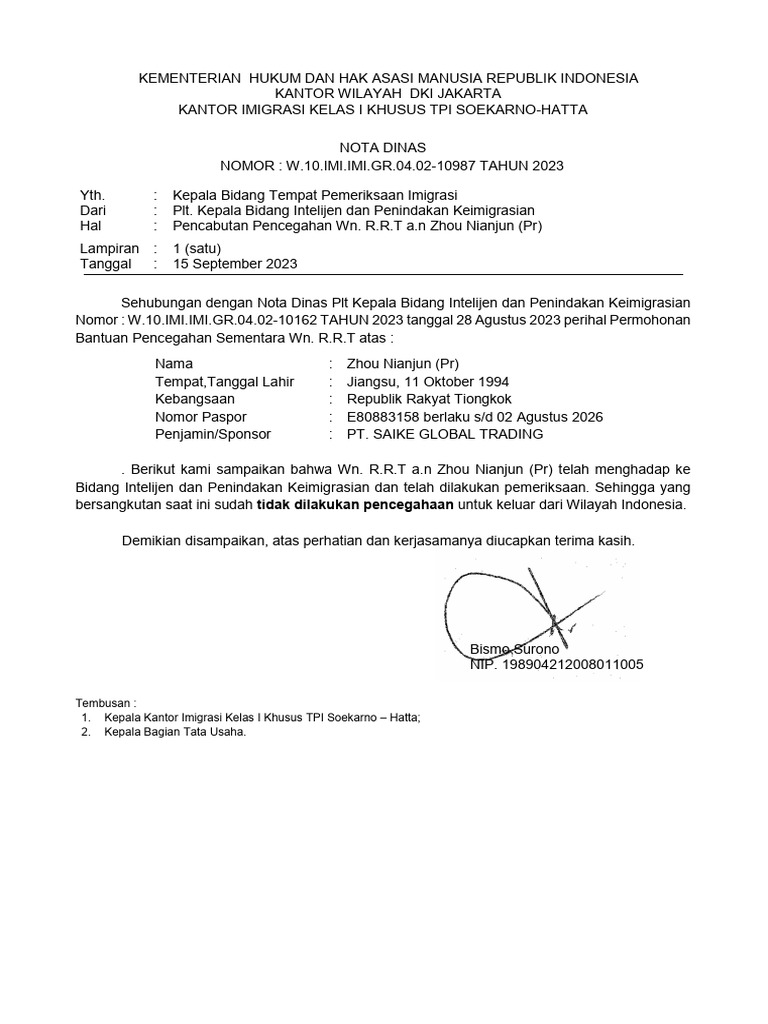 Nodin Pencabutan Pencegahan Sementara WN RRT A.N Zhou Nianjun (PR) | PDF