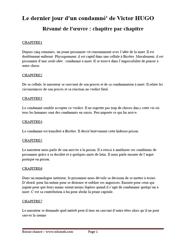 Le Dernier Jour D'un Condamné' de Victor HUGO: Résumé de L'œuvre: Chapitre Par Chapitre | PDF