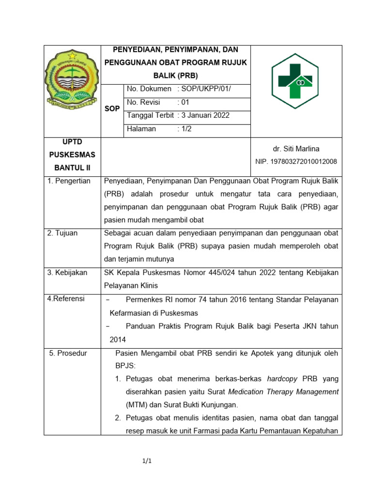 SOP Penyediaan, Penyimpanan, Dan Penyediaan Obat Program Rujuk Balik | PDF