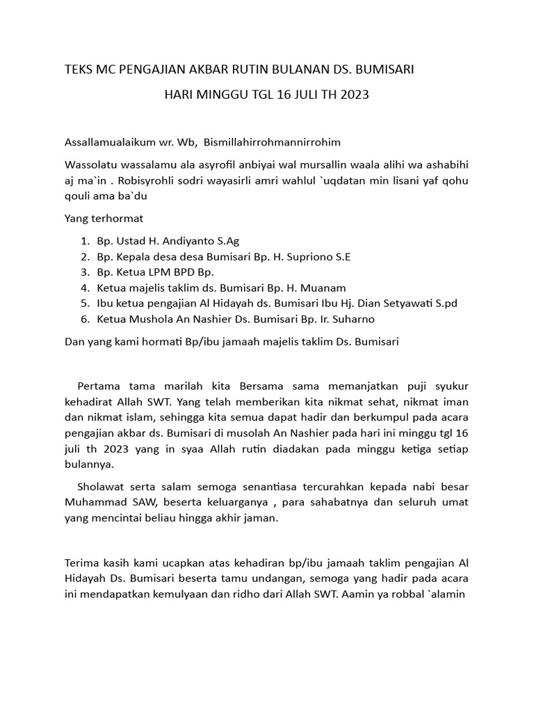 Teks MC Pengajian Akbar Rutin Bulanan DS | PDF