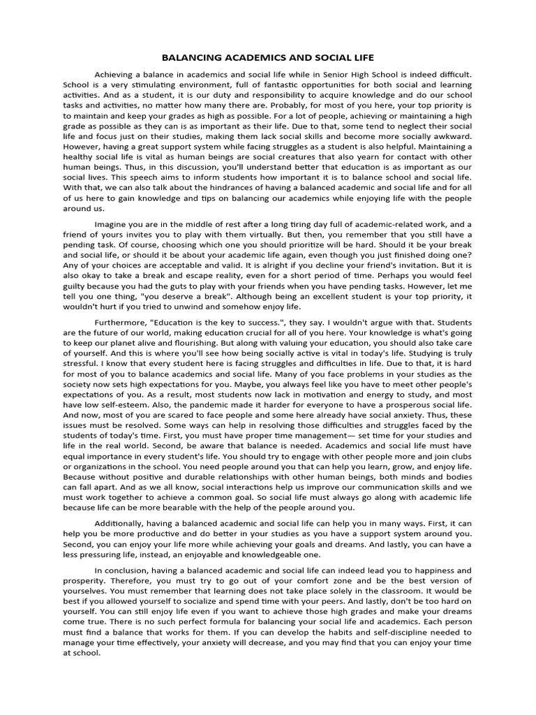 Balancing Academics and Social Life | PDF
