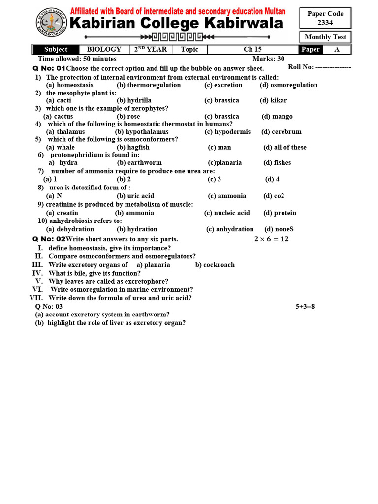Biology Part II Paper A 2023 | PDF