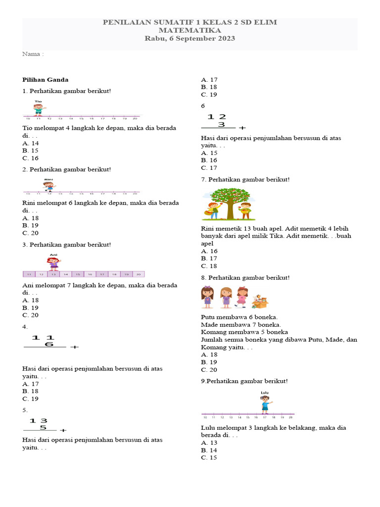Soal Matematika Kelas 2 Penjumlahan Dan Pengurangan | PDF