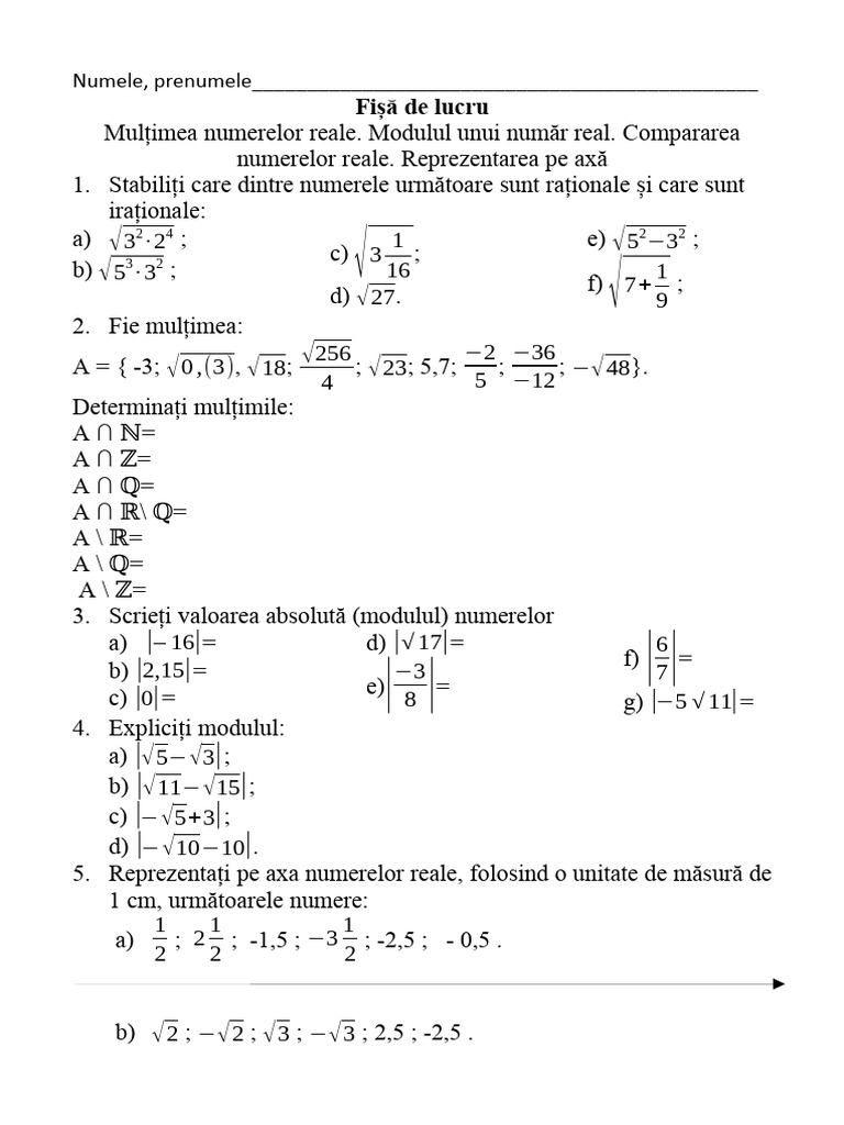 Fisa De Lucru 7a Modulul Unui Numar Real Pdf
