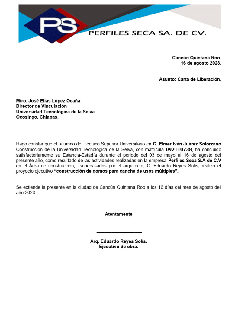 Ejemplo de Carta de Liberacion | PDF