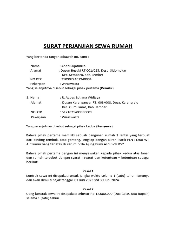 Surat Perjanjian Sewa Rumah Villa Ajung Bumi Asri | PDF