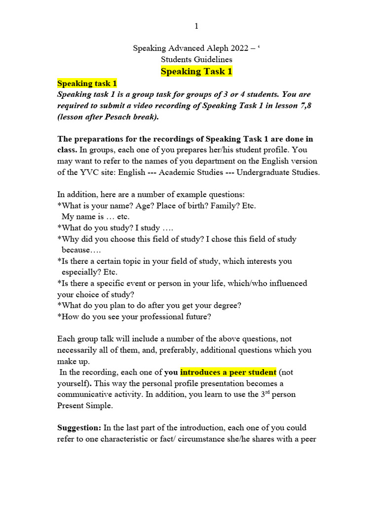 Advanced Aleph Speaking Task Guide | PDF | Career & Growth