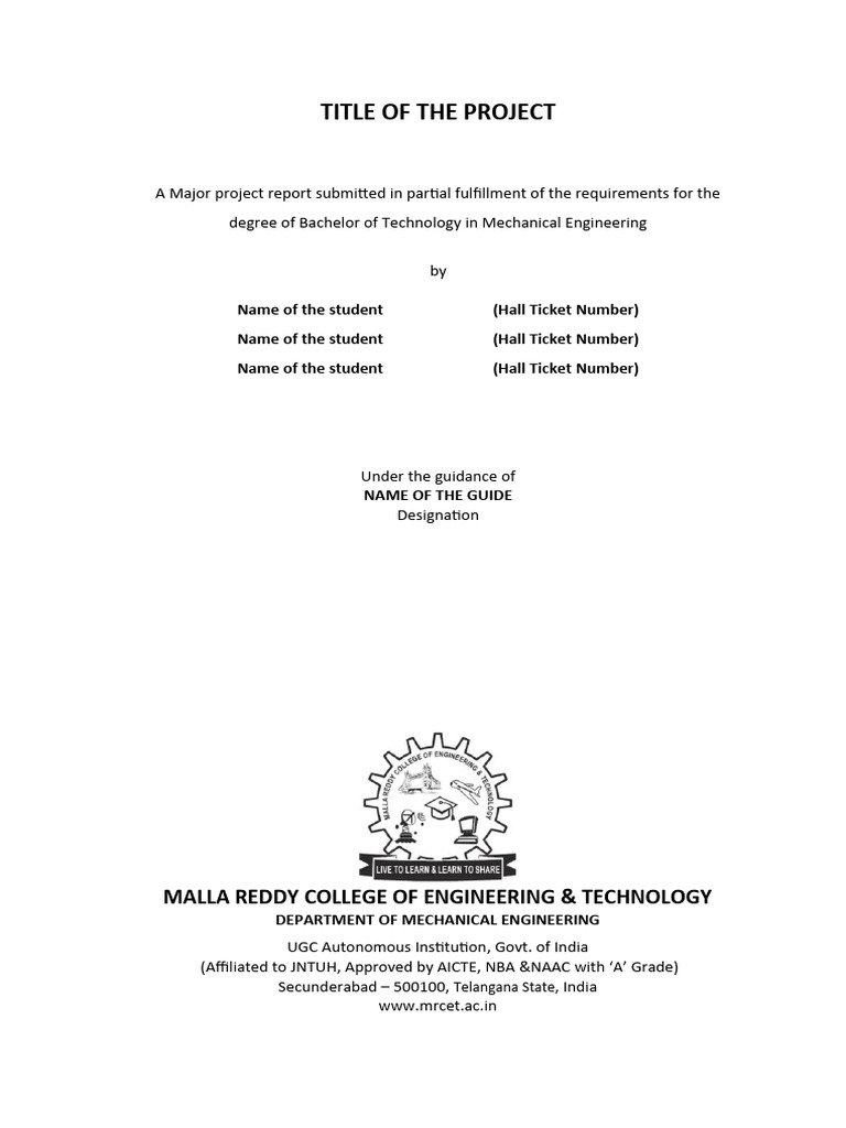 02 B.Tech Major Project Report Front Pages | PDF | Science | Educational Stages