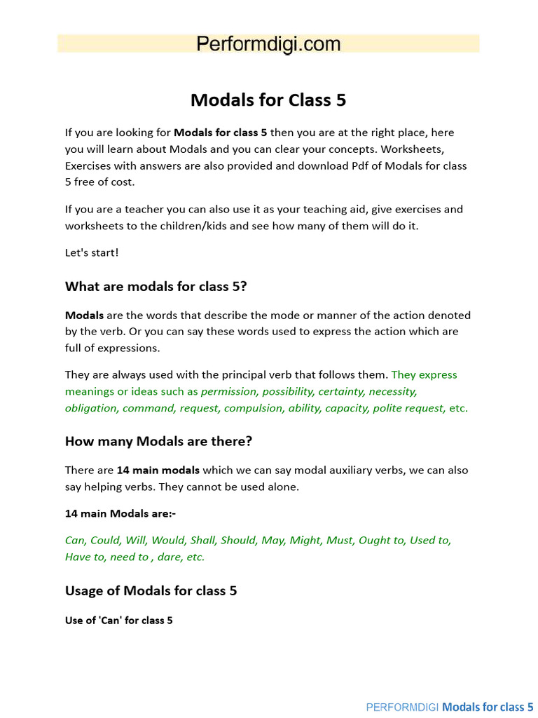 Modals For Class 5 PDF | PDF | Linguistics | Linguistic Morphology
