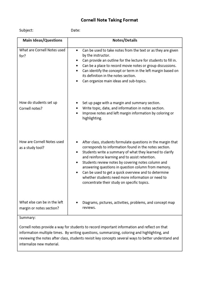 Cornell Notes for Students | PDF | Career & Growth