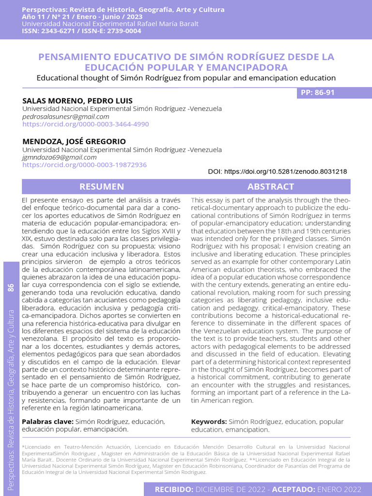 Pensamiento Educativo de Simón Rodríguez Desde La Educación Popular Y Emancipadora | PDF