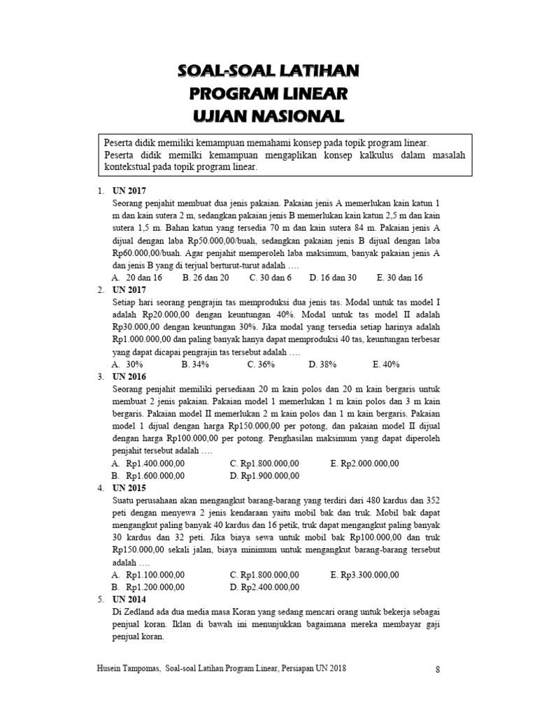 PROGRAM LINEAR - Soal-Soal-Un-Program-Linear-2018 | PDF