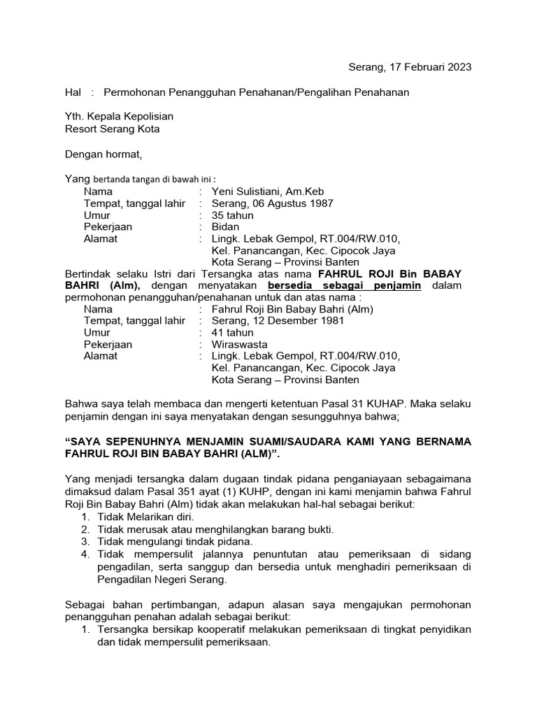 Contoh Penangguhan Penahanan | PDF