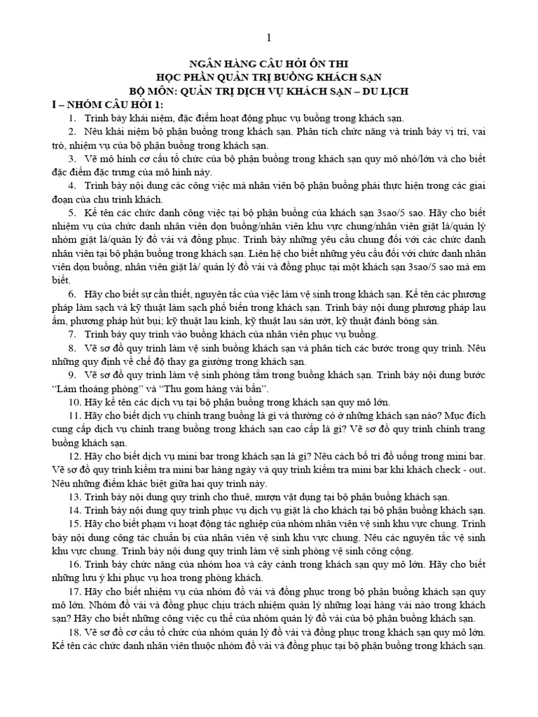 B2 - BM QTDVKSDL - Nội dung ôn tập thi HP Quản trị buồng KS | PDF