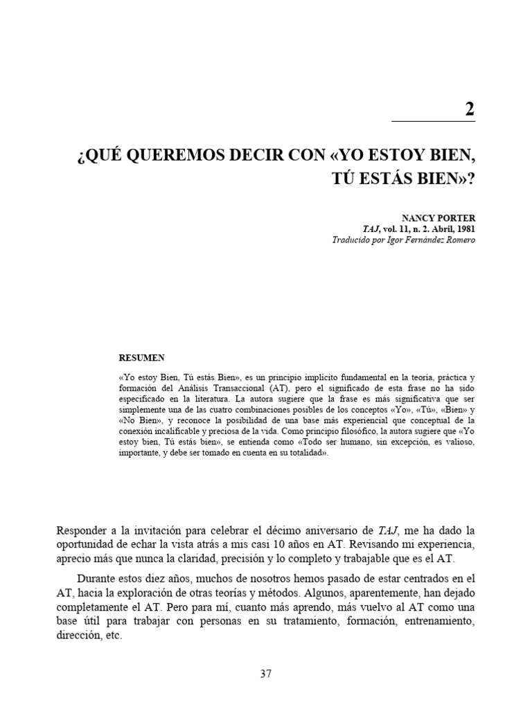 Qué Queremos Decir Con Yo Estoy Bien Tú Estás Bien - Nancy Porter | PDF ...