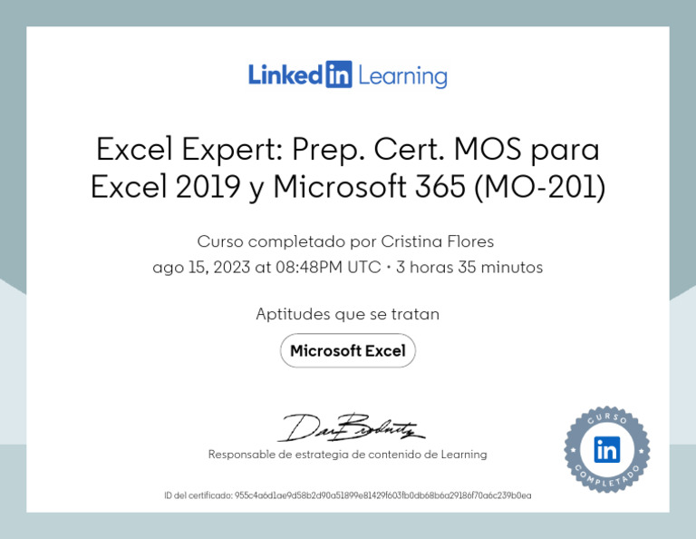 CertificadoDeFinalizacion - Excel Expert Prep. Cert. MOS para Excel 2019 y Microsoft 365 MO201 | PDF