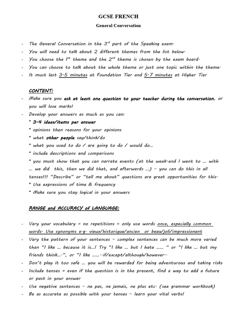 Gcse French: General Conversation | PDF | Human Communication | Grammar