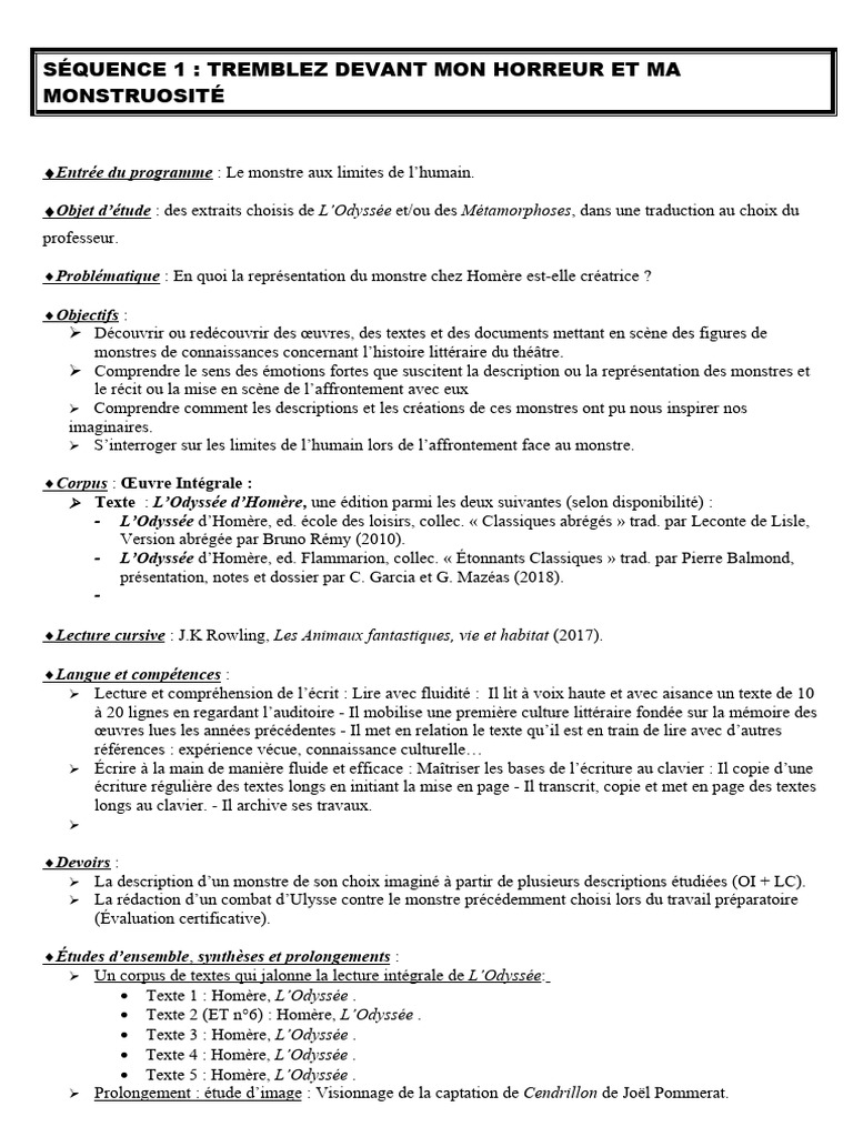 Plan de Séquence 1 6e Prof - ODYSS | PDF
