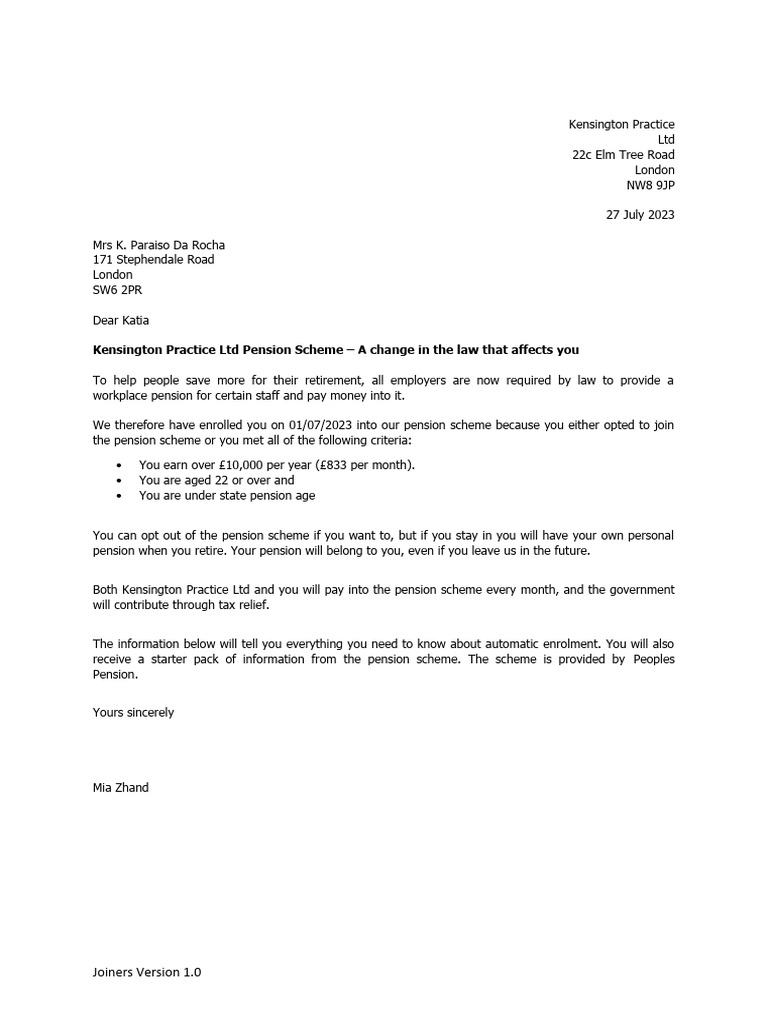 Kensington Practice Pension Letter Joiner Mrs K. Paraiso Da Rocha 01-07 ... Kensington Practice Pension Letter Joiner Mrs K. Paraiso Da Rocha 01-07 ...