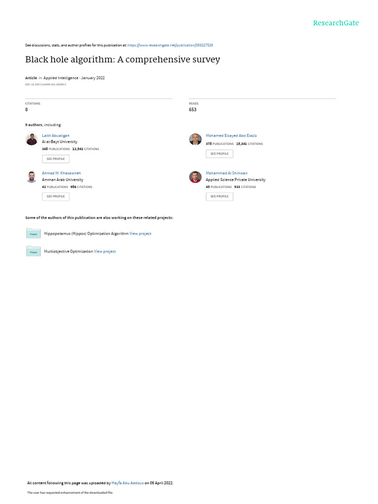 Black Hole Algorithm A Comprehensive Survey | PDF | Mathematical Optimization | Cluster Analysis