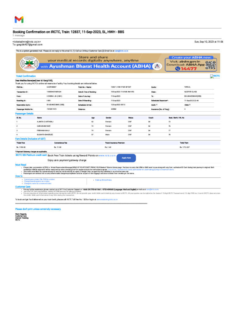 Gmail - Booking Confirmation On IRCTC, Train - 12837, 11-Sep-2023, SL, HWH - BBS | PDF | Credit ...