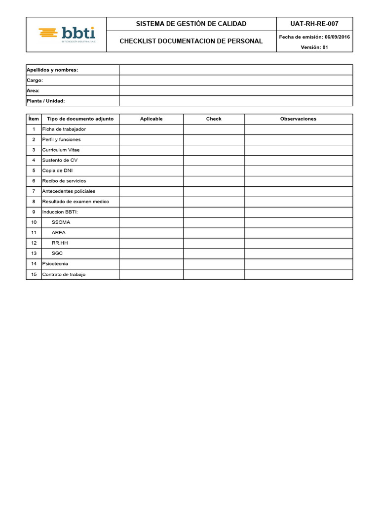 Uat-Rh-Re-007 Checklist Documentacion de Personal | PDF