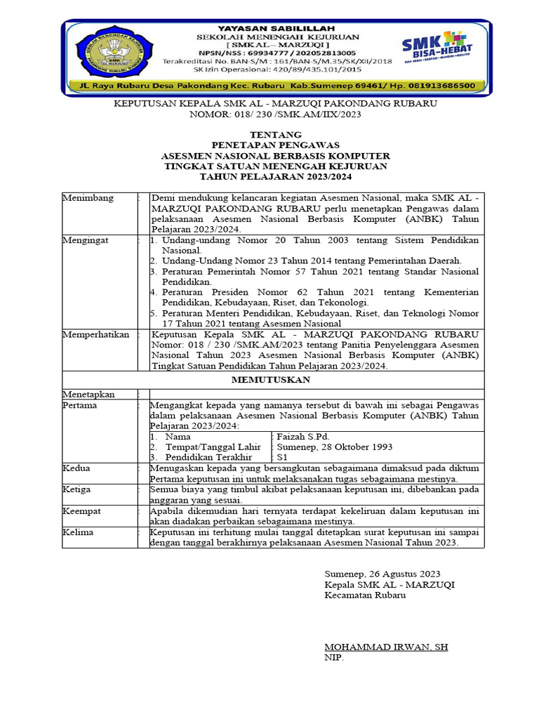 SK Pengawas ANBK Tahun 2021 Tingkat Satuan Pendidikan | PDF