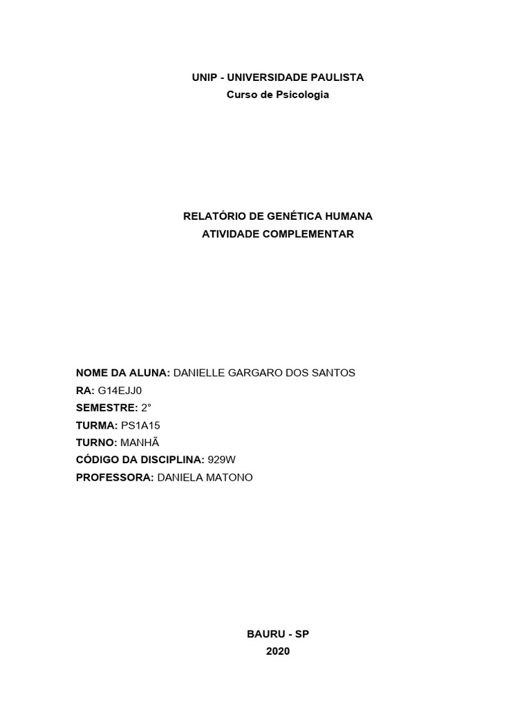 Relatório Atividade Complementar - Genética Humana - Danielle Gargaro Dos Santos | PDF