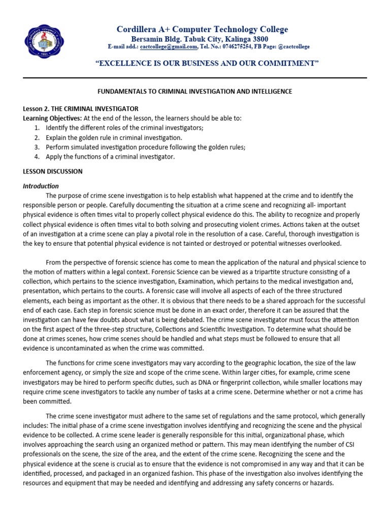 Lesson 2 Fundamentals of Criminal Investigation | PDF | Crime Scene ...