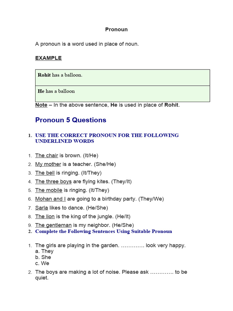 Pronoun Worksheet with Exercises | PDF