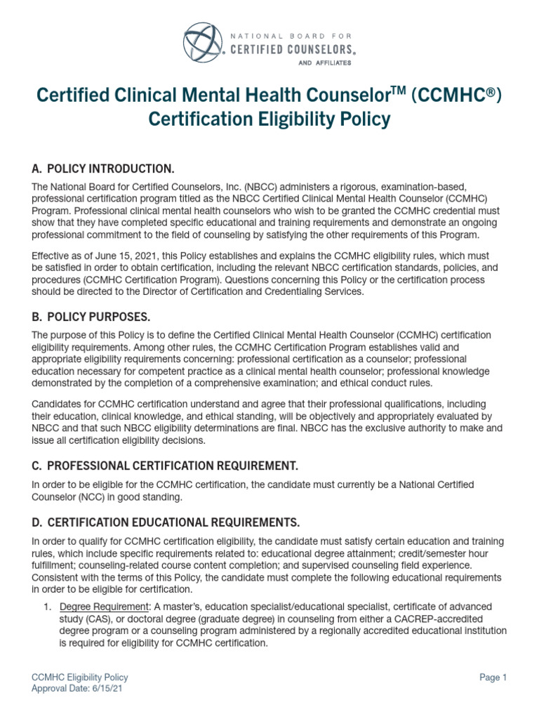 CCMHC Certification Eligibility Policy | PDF