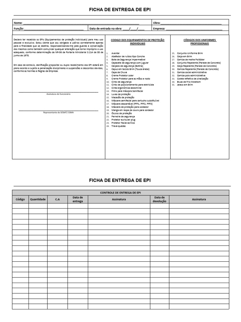 Modelo de Ficha de EPI | PDF