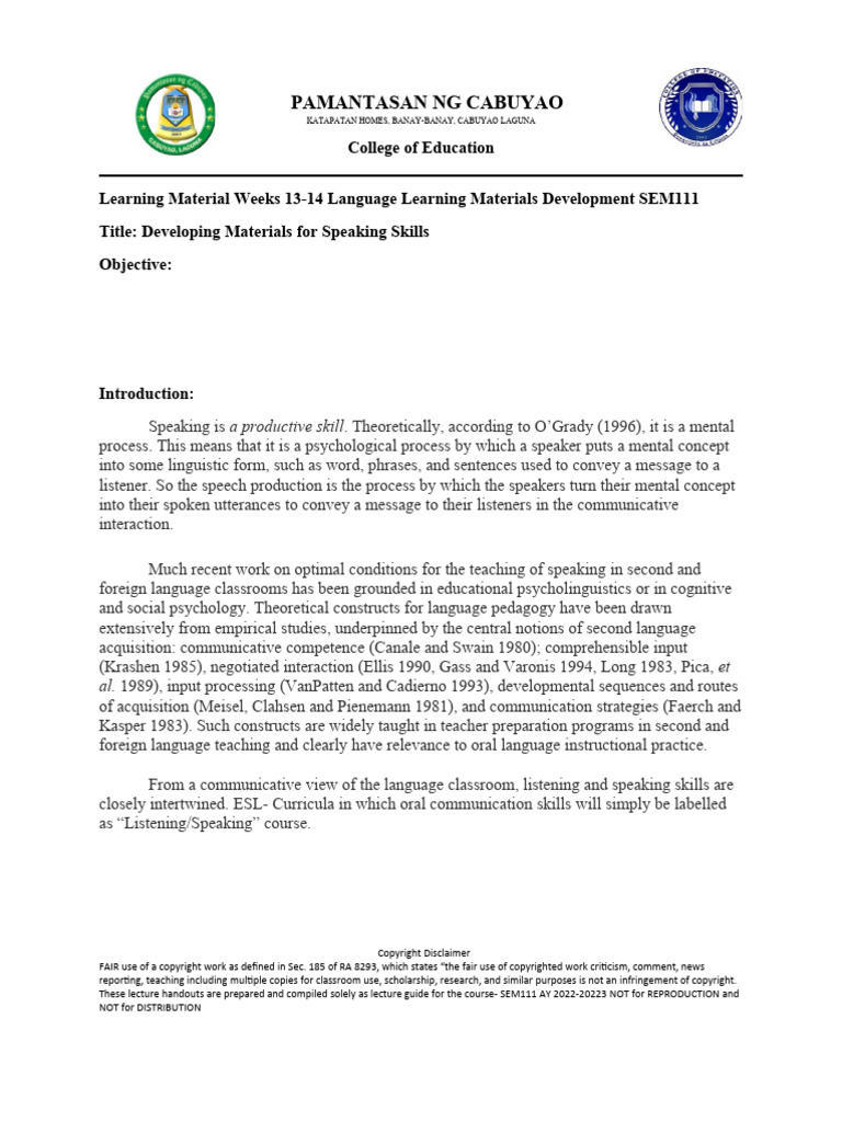 SEM 111 Weeks13-14 Language Learning Material Development ...