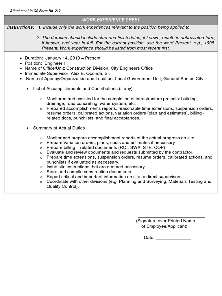 CS Form No. 212 Attachment - Work Experience Sheet | PDF | Business