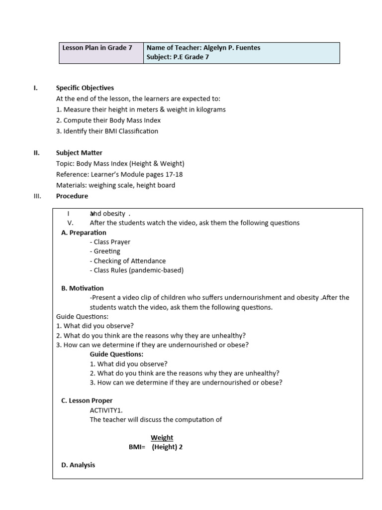 Grade 7 BMI and Obesity Lesson Plan | PDF | Body Mass Index | Obesity