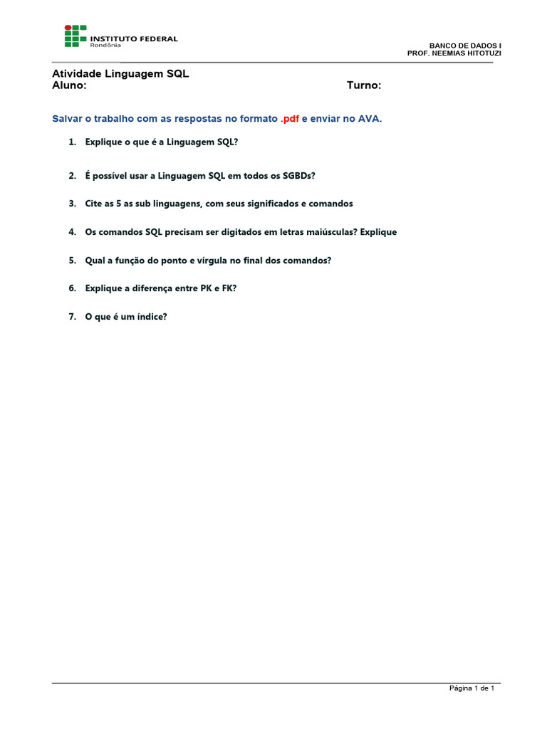 ATIVIDADE Linguagem SQL - BD I - 3Âº Bim 4 | PDF