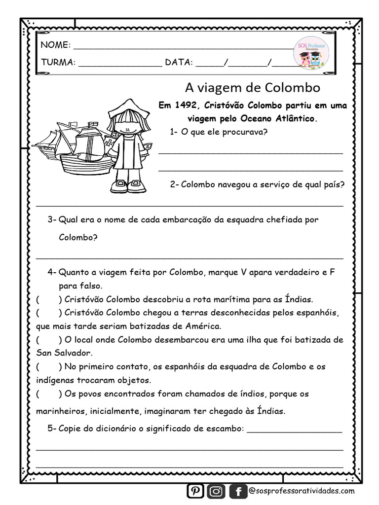 A Viagem de Colombo@sosprofessoratividades | PDF