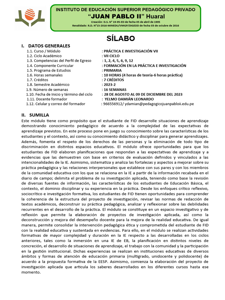 Silabo Practica e Investigacion Vii-2023 | PDF | Evaluación | Plan de ...