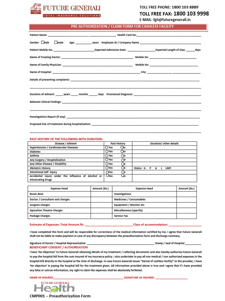 Future Generali Preauthorization Form | PDF | Hospital | Physician