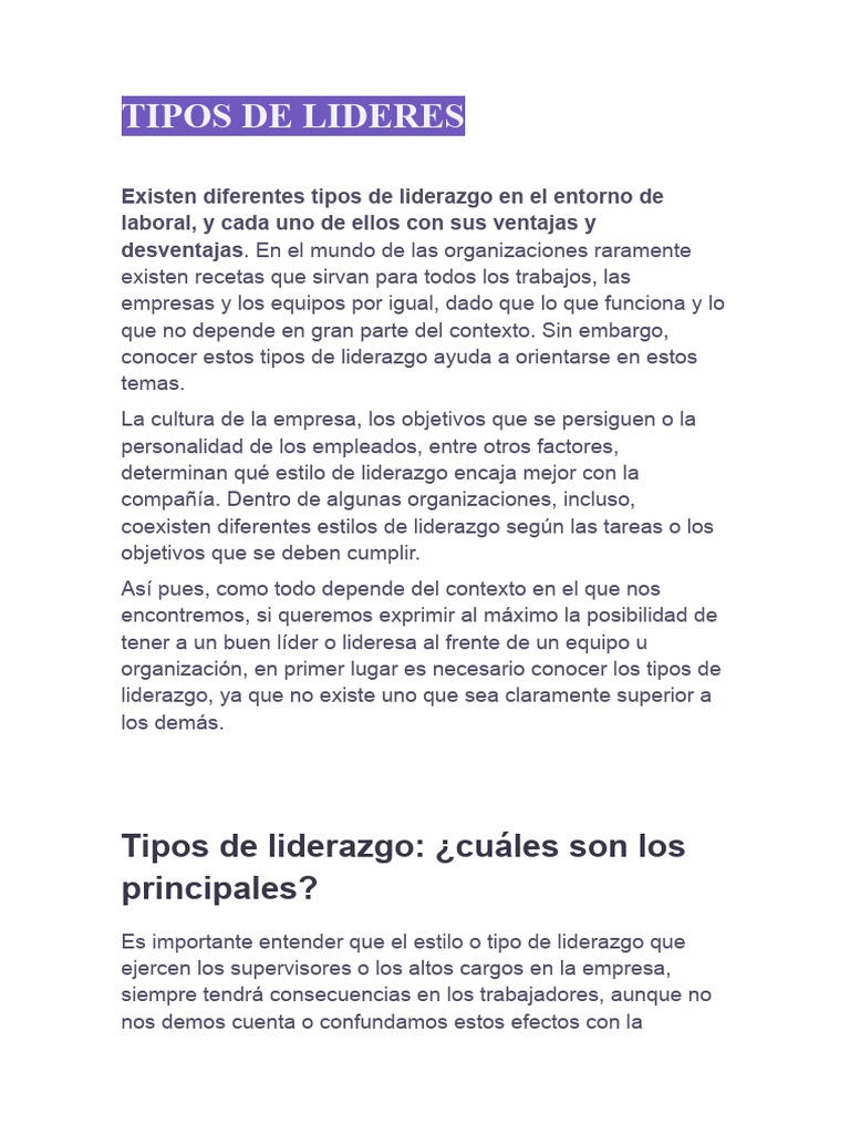 Tipos de Lideres | PDF | Liderazgo