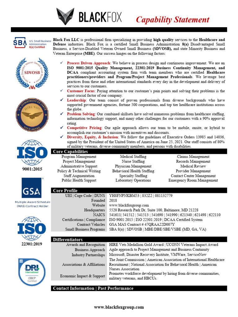 02-Black Fox Capability Statement Healthcare1 | PDF | Quality Management | Project Management