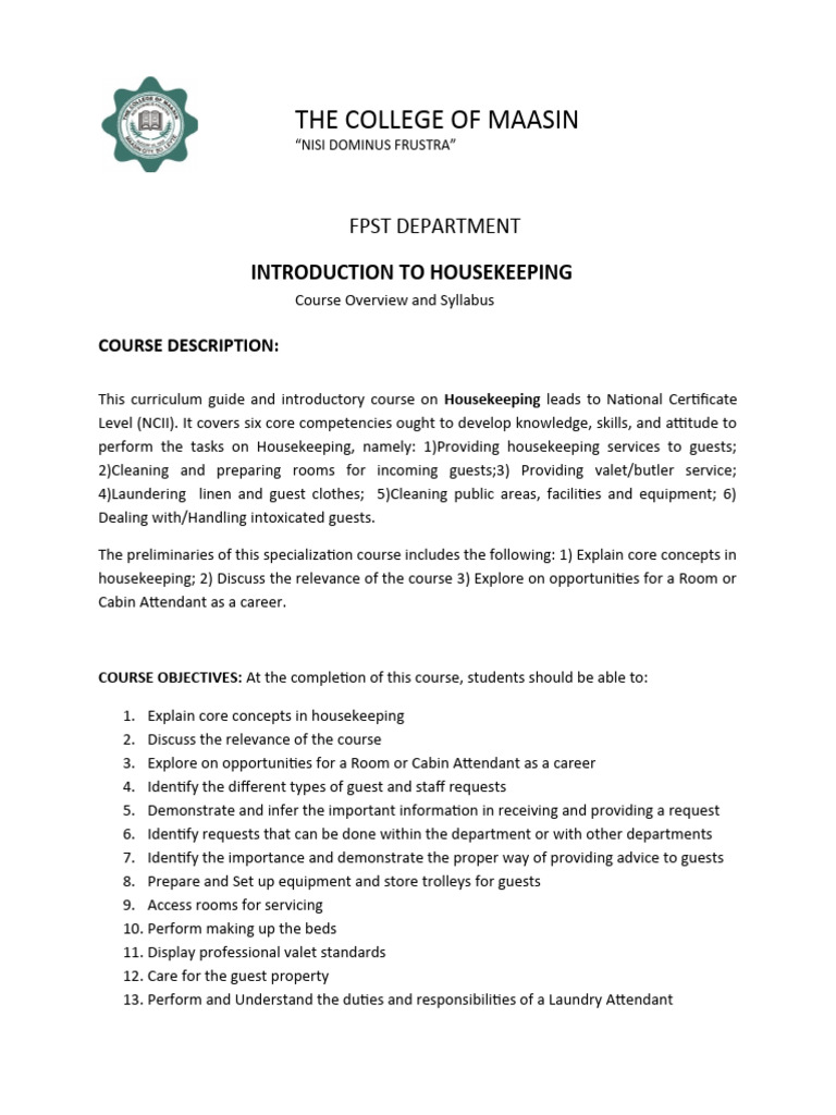 Housekeeping Course Overview & Syllabus | PDF | Housekeeping | Laundry