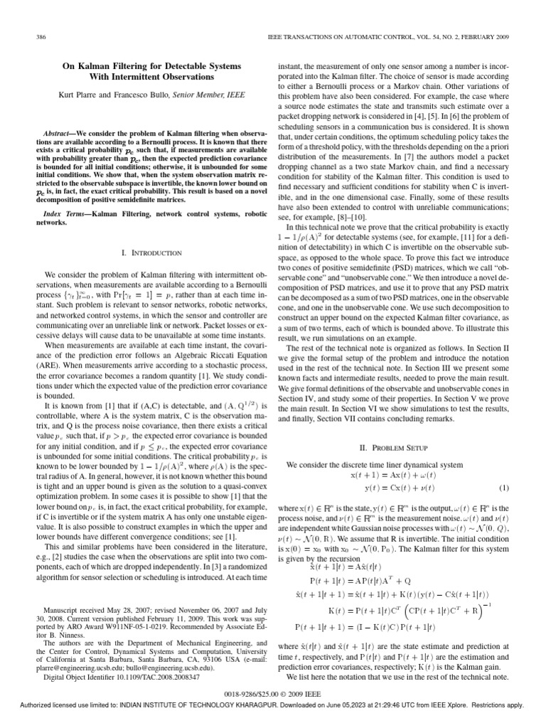 On Kalman Filtering For Detectable Systems With Intermittent ... On Kalman Filtering For Detectable Systems With Intermittent ...