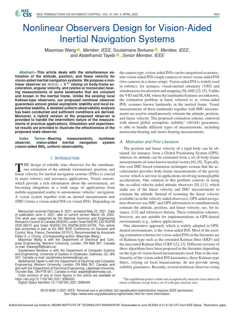 Nonlinear Observers Design For Vision-Aided Inertial Navigation Systems ...