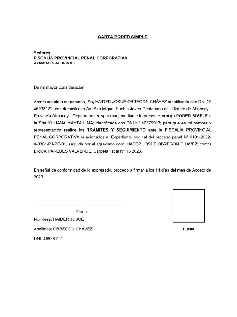 Formato de Carta Poder Simple | PDF