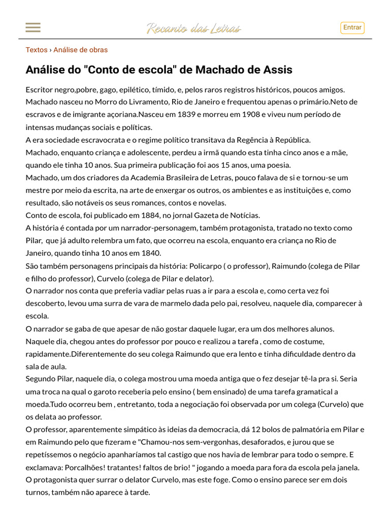 Análise Do - Conto de Escola - de Machado de Assis | PDF