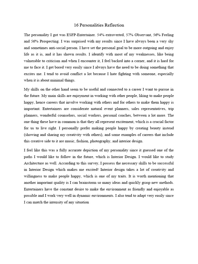 16 Personalities Reflection 1 | PDF